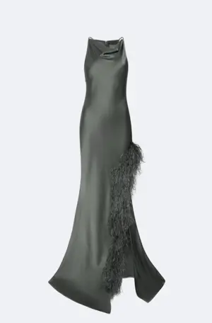 Lapointe Feather-trimmed Halter Gown - Pine