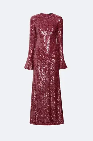 Lapointe Sequin Flare Sleeve Boatneck Gown - Dark Rose