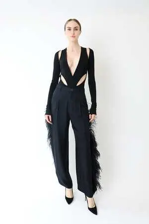 Lapointe Silky Twill Relaxed Pleated Pant With Feathers - Black