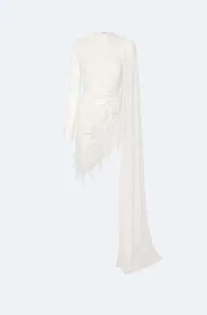 Lapointe Mesh High Neck Cape Dress With Feathers - Cream