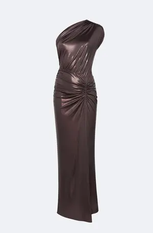 Lapointe Coated Jersey One Shoulder Ruched Dress - Mocha