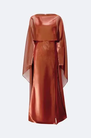 Lapointe Metallic Organza Layered Gown With Cape - Rust