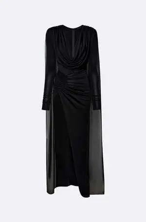 Lapointe Jersey Cowl Neck Slit Gown With Georgette Cape - Black