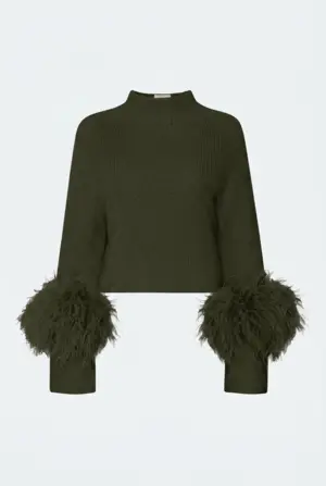 Lapointe Merino Wool Mock Neck Sweater With Feather Embellishment - Pine