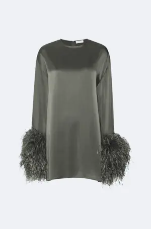 Lapointe Feather-trimmed Satin Shift Dress - Pine