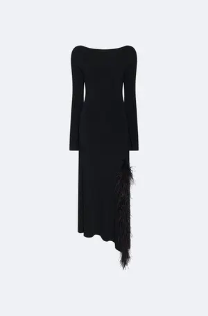Lapointe Matte Viscose Boatneck Dress With Feathers - Black