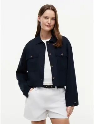 Tommy Hilfiger Linen-blend Cropped Shirt Jacket - Navy Blue