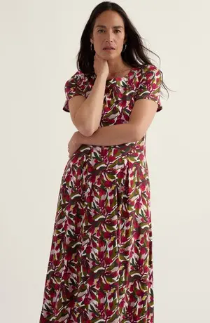 SEASALT CORNWALL Floral Stretch Organic Cotton Midi Dress - Abstract Protea Chalk