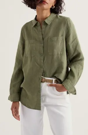 SEASALT CORNWALL Hazel Branch Linen Button-up Shirt - Cypress