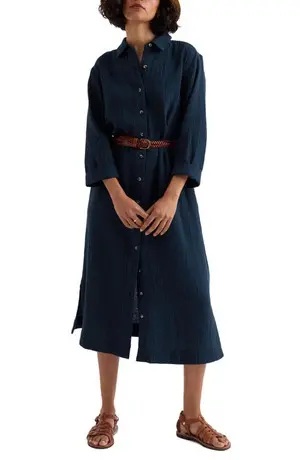 SEASALT CORNWALL Whitsand Cove Long Sleeve Organic Cotton Gauze Shirtdress - Maritime