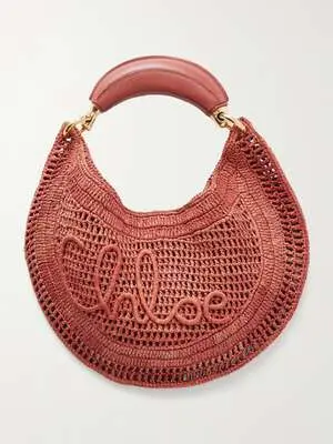 Chloé Summer Banana Leather-trimmed Embroidered Raffia Tote - Red