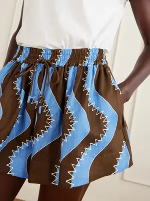 ALEMAIS Frankie Printed Embroidered Linen Shorts - Blue