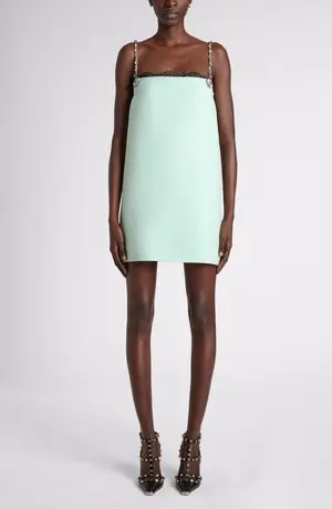 Valentino Garavani Crystal & Lace Trim Wool & Silk Crepe Minidress - Black/silver
