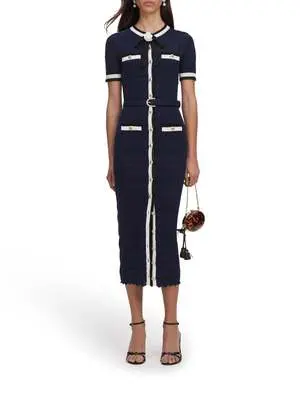 SELF-PORTRAIT Navy Perforated Knit Midi Dress With Bow And Brooch Detail - Blue