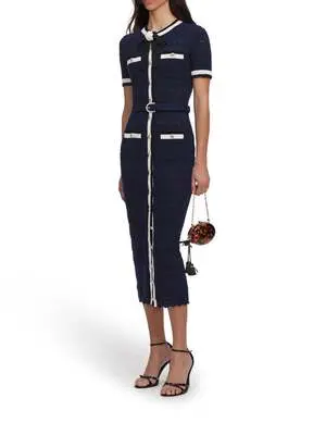 SELF-PORTRAIT Navy Perforated Knit Midi Dress With Bow And Brooch Detail - Blue