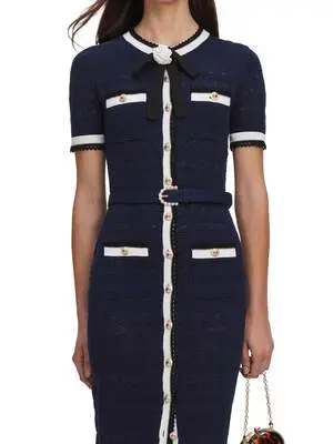 SELF-PORTRAIT Navy Perforated Knit Midi Dress With Bow And Brooch Detail - Blue