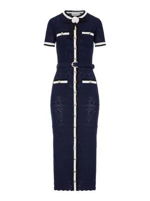 SELF-PORTRAIT Navy Perforated Knit Midi Dress With Bow And Brooch Detail - Blue