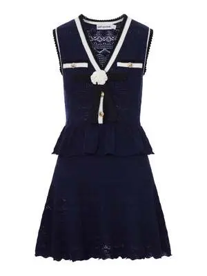 SELF-PORTRAIT Navy Peplum Quilted Knit Mini Dress - Blue