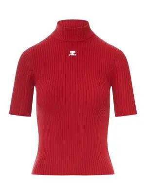 COURREGES Reedition Short Sleeve Rib Knit High Neck Sweater - Red
