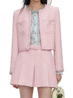 SELF-PORTRAIT Cropped Boucle Jacket - Pink