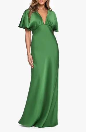 Betsy & Adam V-neck Satin Gown - Moss
