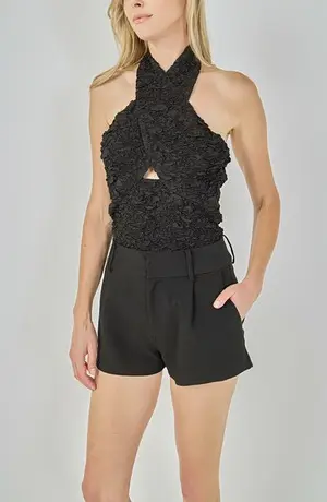 Endless Rose Textured Halter Top With Cutout And Open Back - Black