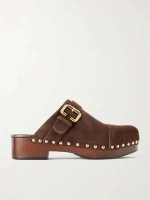 Chloé Jeannette Embellished Suede Clogs - Dark Brown