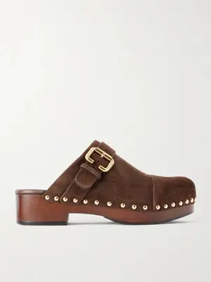 Chloé Chloé Jeannette Embellished Suede Clogs Dark Brown