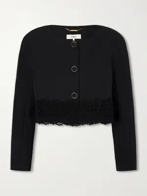 Chloé Cropped Lace-embroidered Wool Jacket - Black