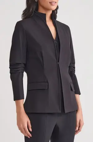 Misook Ruched Sleeve Ponte Jacket - Black