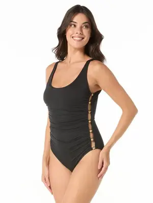 Carmen Marc Valvo Beaded Side Scoop Neck One-piece Swimsuit