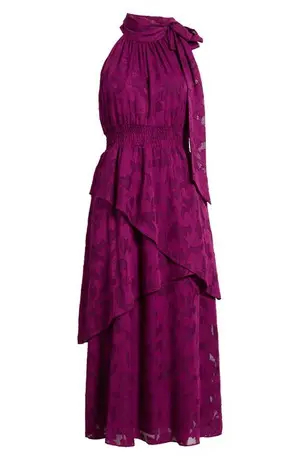 Anne Klein Floral Jacquard Asymmetric Tiered Midi Dress - Beet
