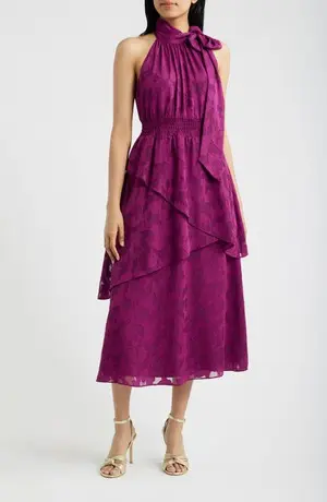 Anne Klein Floral Jacquard Asymmetric Tiered Midi Dress - Beet