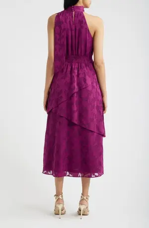 Anne Klein Floral Jacquard Asymmetric Tiered Midi Dress