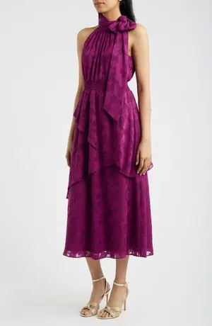 Anne Klein Floral Jacquard Asymmetric Tiered Midi Dress