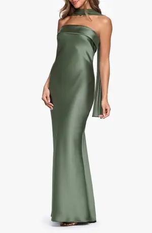 XSCAPE EVENINGS Strapless Satin Gown & Chiffon Scarf