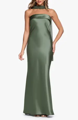 XSCAPE EVENINGS Strapless Satin Gown With Chiffon Scarf - Olive