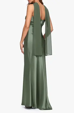 XSCAPE EVENINGS Strapless Satin Gown With Chiffon Scarf