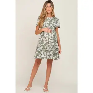 PINKBLUSH Floral Smocked Maternity Dress With Ruffle Accents - Light Olive