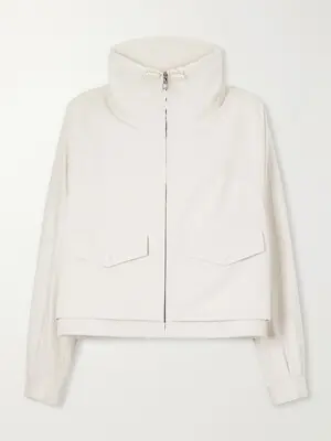 Loewe Leather-trimmed Anagram-embroidered Cropped Cotton And Silk-blend Gabardine Jacket - Neutrals