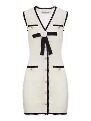 SELF-PORTRAIT Quilted Knit Mini Dress With Bow Detail - White