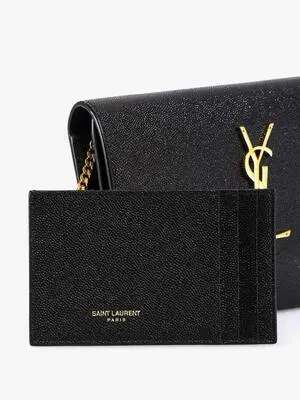 Saint Laurent Cassandre Logo Leather Wallet With Metal Chain Strap - Black
