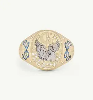 CECE JEWELLERY Swan Lake Signet Ring In 18k With Enamel And Diamonds