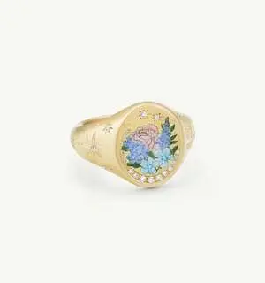 CECE JEWELLERY Wildflower Wanderer 18ct Yellow Signet Ring With Enamel And Diamonds - Gold