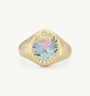 CECE JEWELLERY Wildflower Wanderer 18ct Yellow Signet Ring With Enamel And Diamonds