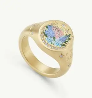CECE JEWELLERY Wildflower Wanderer 18ct Yellow Signet Ring With Enamel And Diamonds