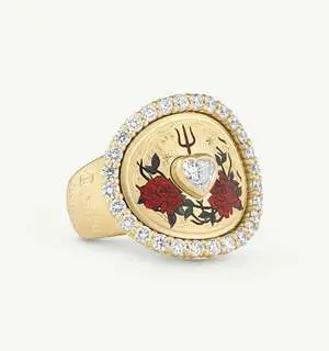 CECE JEWELLERY 18ct Yellow Heart-shaped Diamond And Enamel Devil's Trident Ring