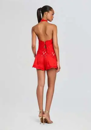 Retrofete Caliane Embroidered Cotton Poplin Halter Top - Geranium