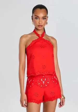 Retrofete Caliane Embroidered Cotton Poplin Halter Top - Geranium