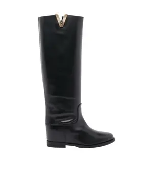 VIA ROMA 15 V Logo Round Toe Boots - Black